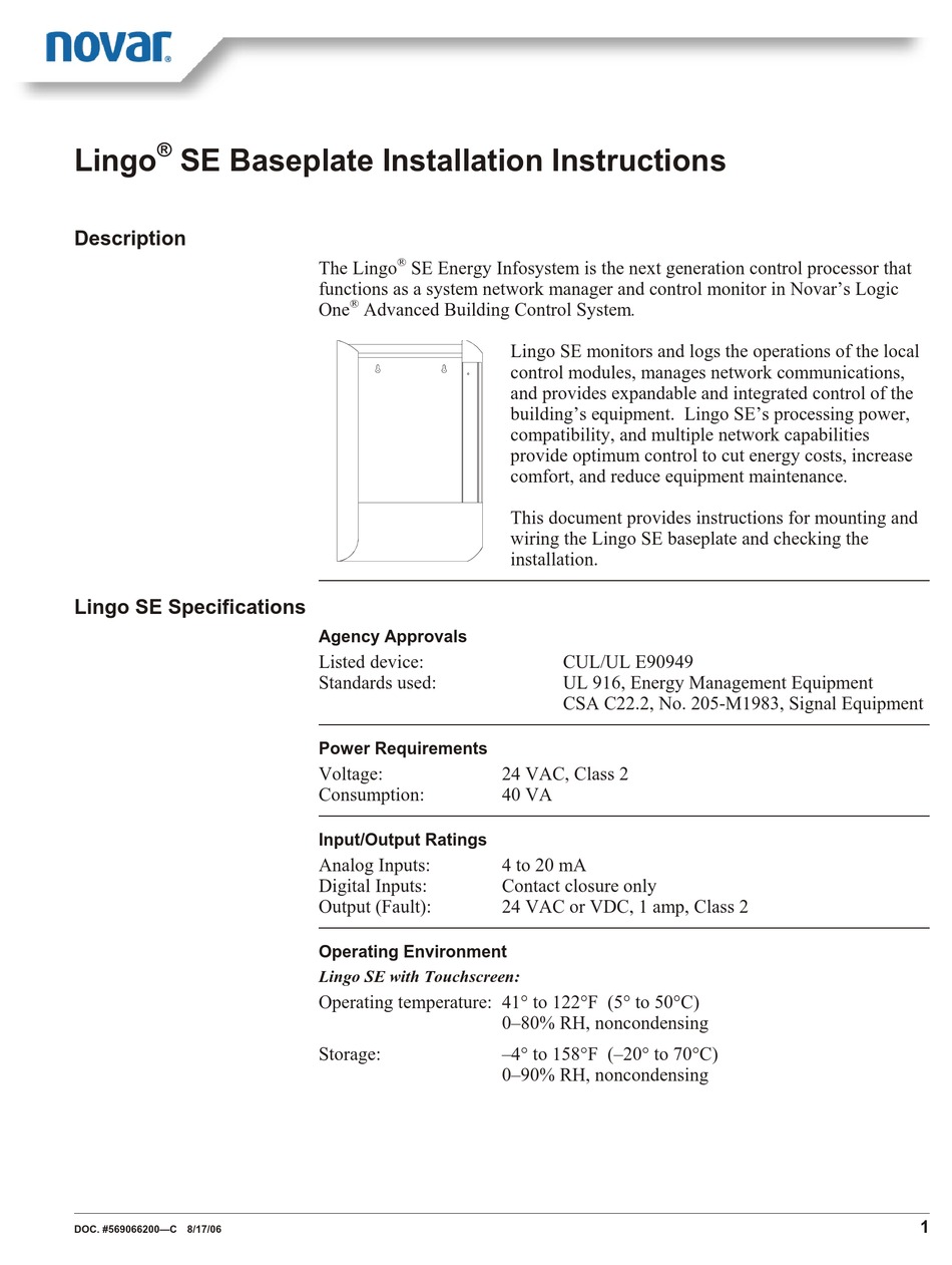 NOVAR LINGO SE INSTALLATION INSTRUCTION Pdf Download | ManualsLib