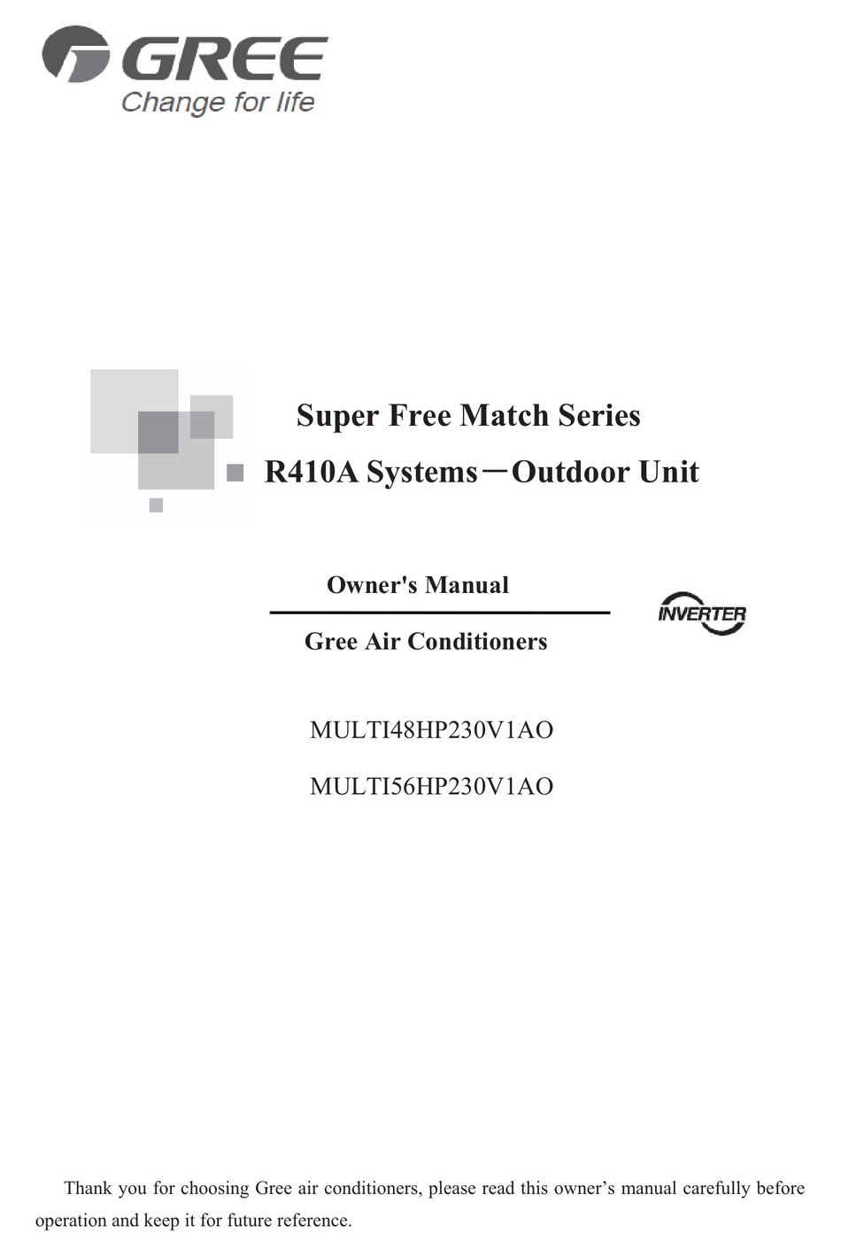 GREE MULTI56HP230V1AO OWNER'S MANUAL Pdf Download | ManualsLib