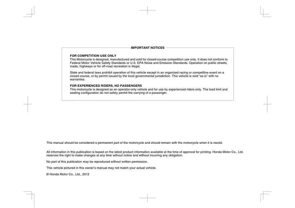 HONDA CRF450R OWNER'S MANUAL Pdf Download | ManualsLib