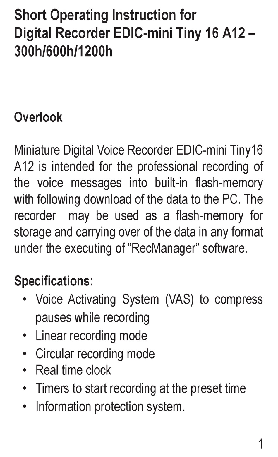 TS-MARKET EDIC-MINI TINY 16 A12 SHORT OPERATING INSTRUCTIONS Pdf ...