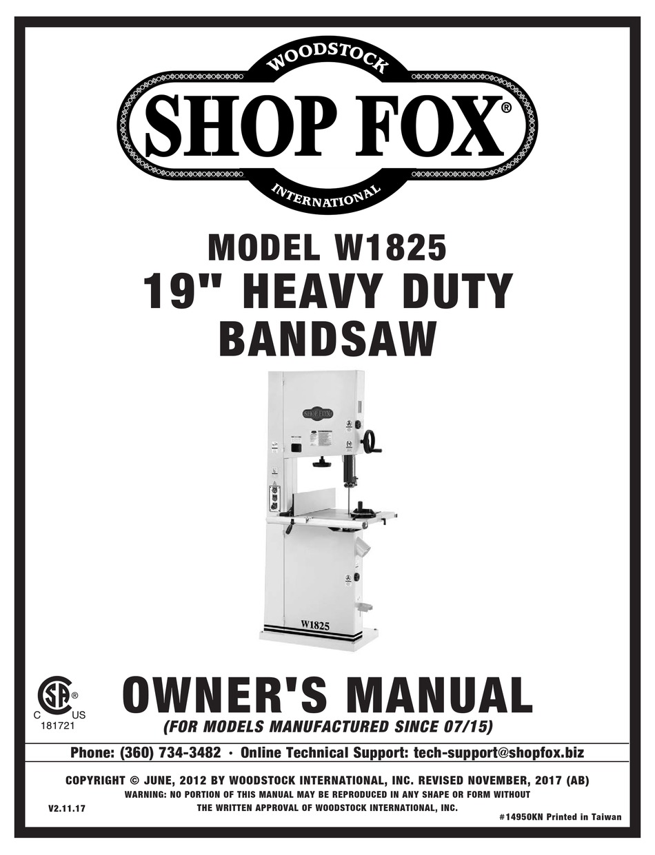 SHOP FOX W1825 OWNER'S MANUAL Pdf Download | ManualsLib