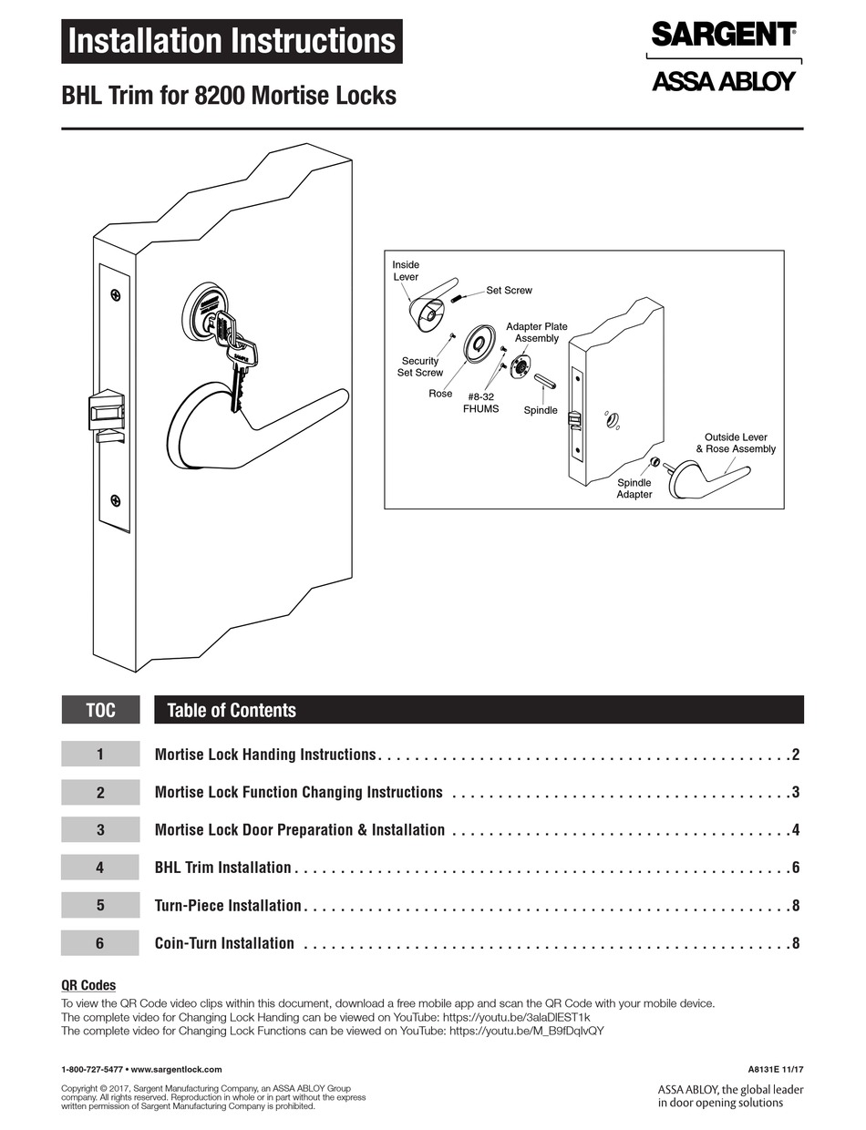 ASSA ABLOY SARGENT 8200 INSTALLATION INSTRUCTIONS MANUAL Pdf Download 