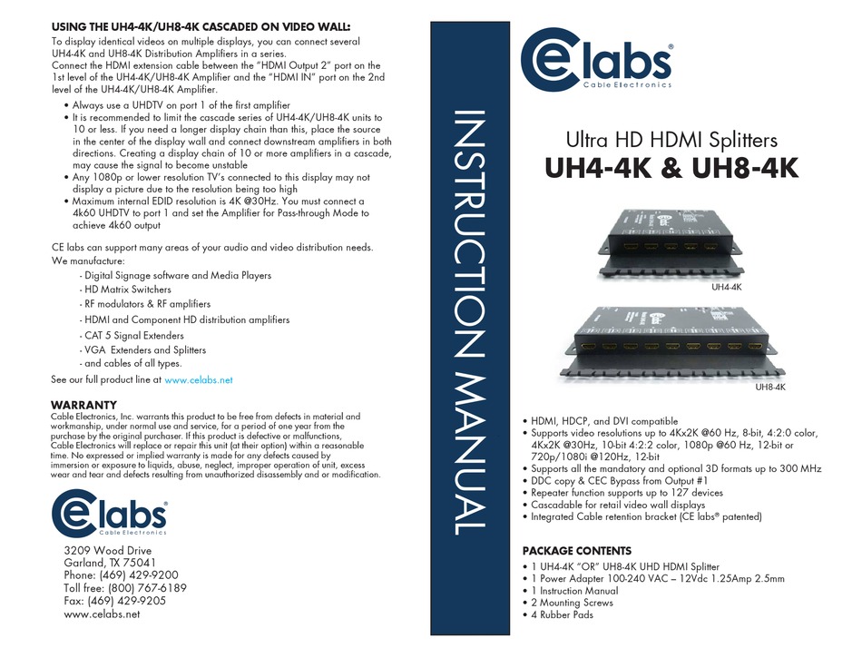 CE LABS UH4-4K INSTRUCTION MANUAL Pdf Download | ManualsLib