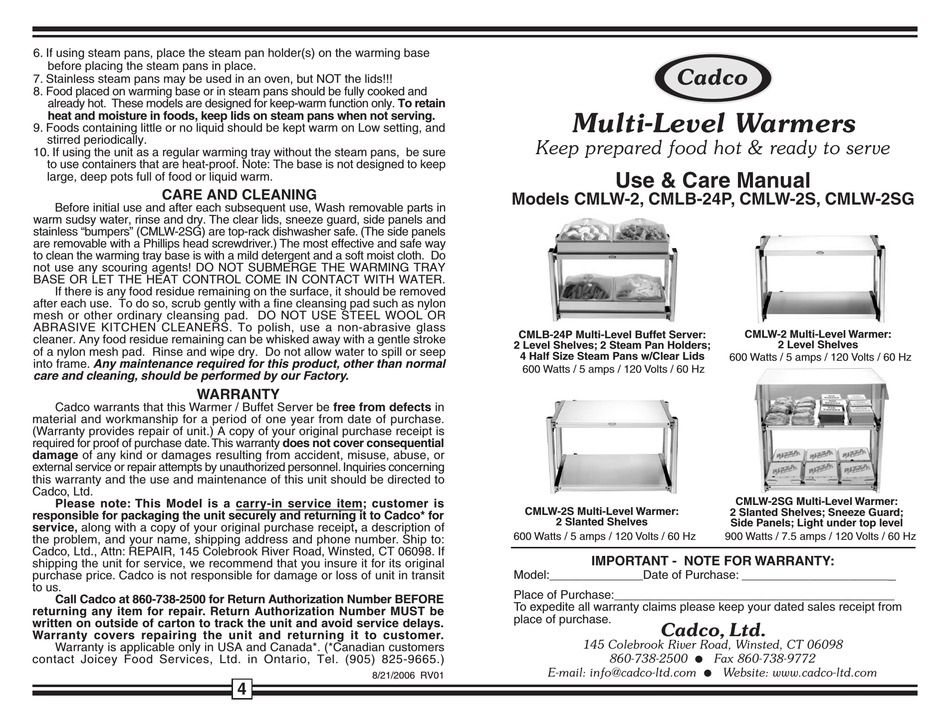 CADCO CMLB-24P USE & CARE MANUAL Pdf Download | ManualsLib