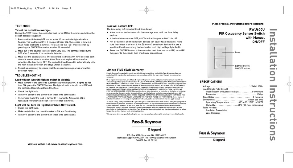 PASS & SEYMOUR RWU600U INSTALLATION INSTRUCTIONS Pdf Download | ManualsLib