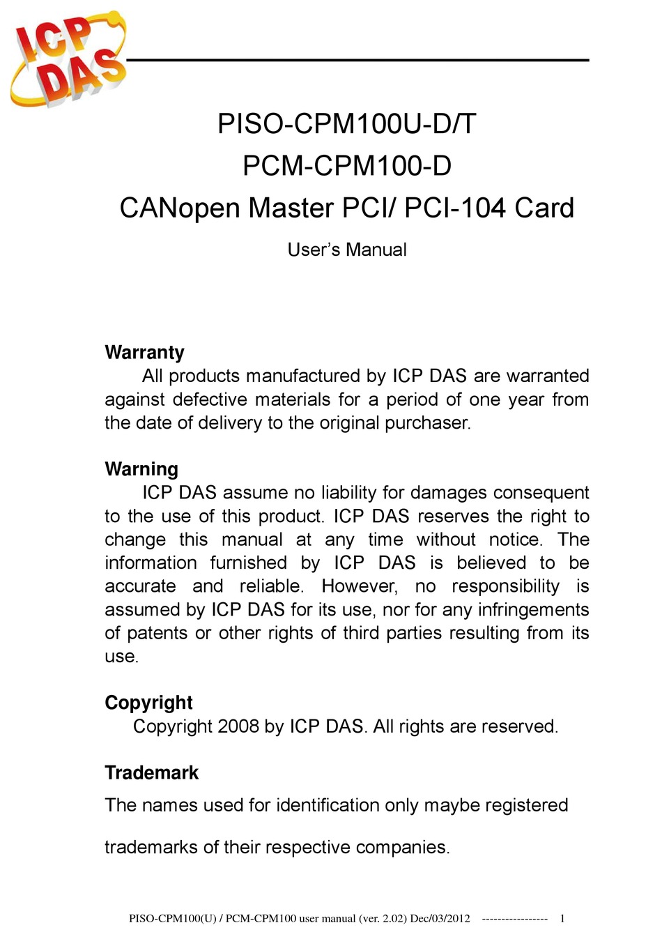 ICP DAS USA PISO-CPM100U-D USER MANUAL Pdf Download | ManualsLib