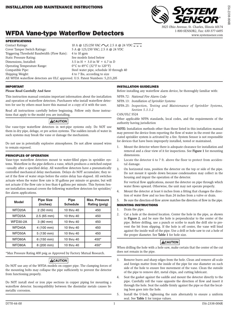 SYSTEM SENSOR WFD20A INSTALLATION INSTRUCTION Pdf Download | ManualsLib