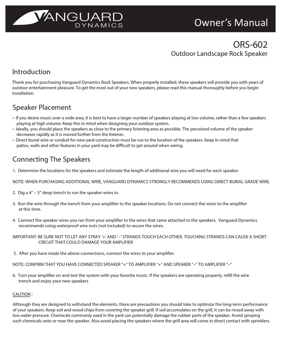 VANGUARD DYNAMICS ORS-602 OWNER'S MANUAL Pdf Download | ManualsLib