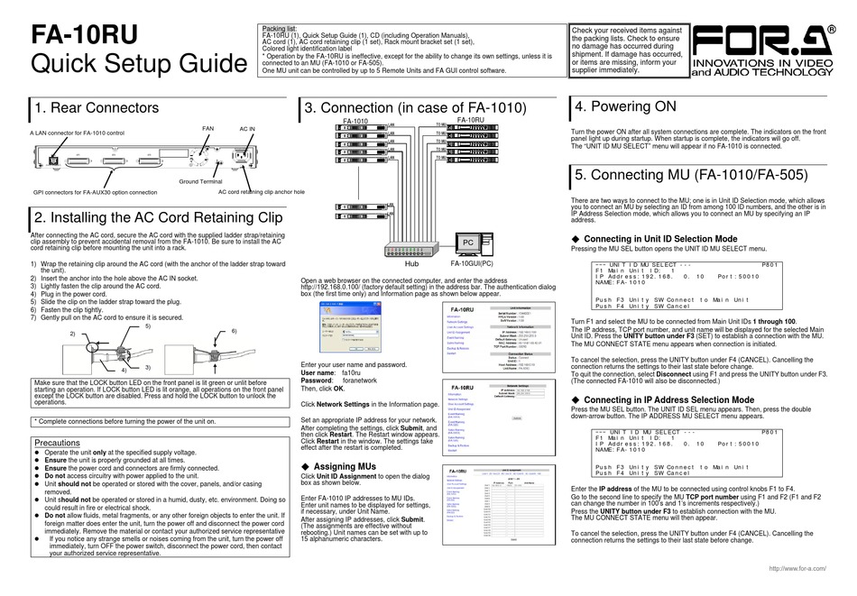 FOR-A FA-10RU QUICK SETUP MANUAL Pdf Download | ManualsLib