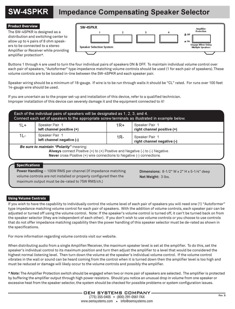 OEM SW-4SPKR MANUAL Pdf Download | ManualsLib