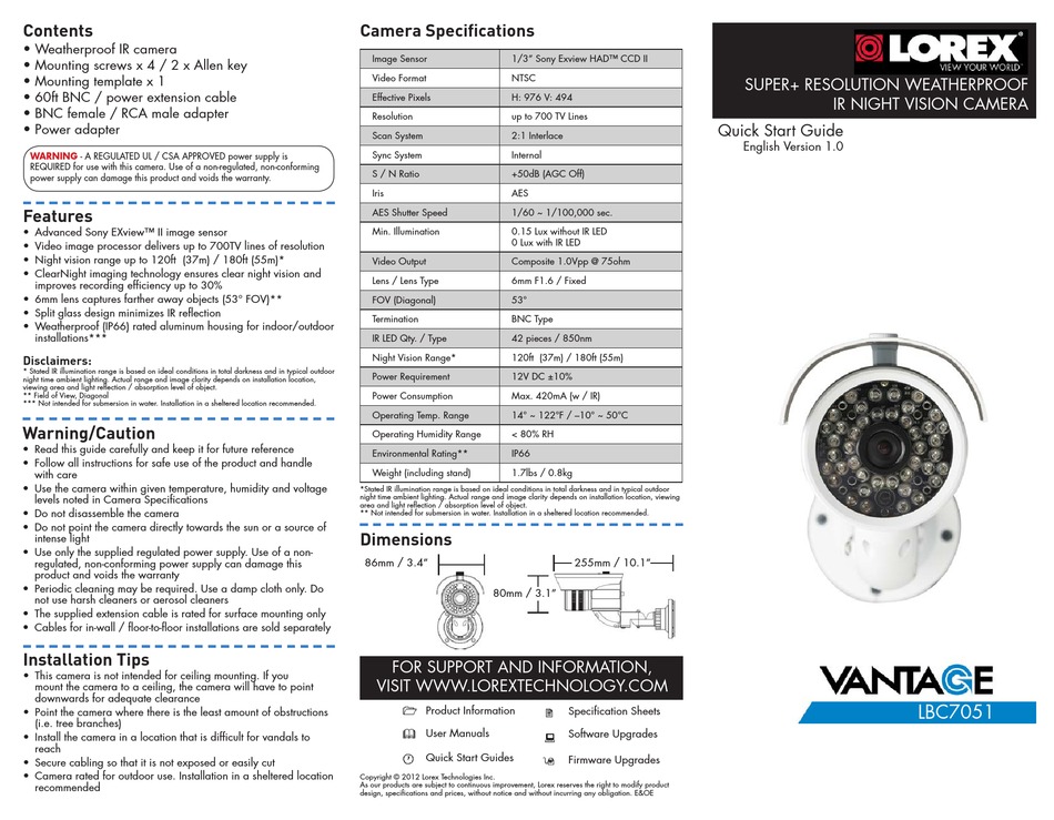 LOREX VANTAGE LBC7051 QUICK START MANUAL Pdf Download | ManualsLib