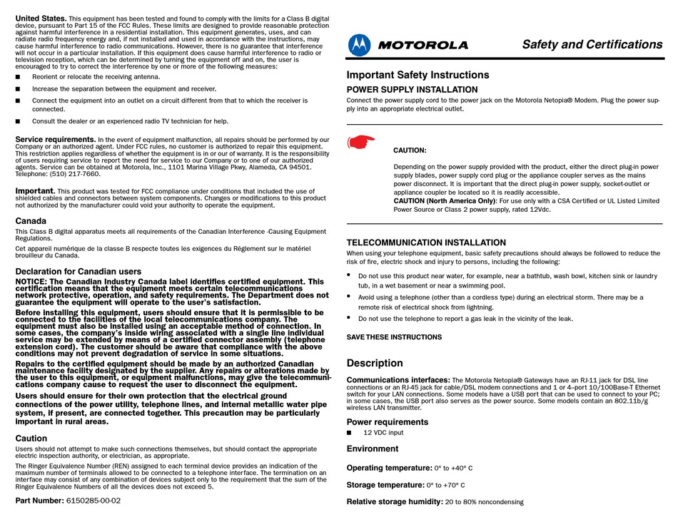 MOTOROLA NETOPIA 6150285-00-02 IMPORTANT SAFETY INSTRUCTIONS Pdf ...