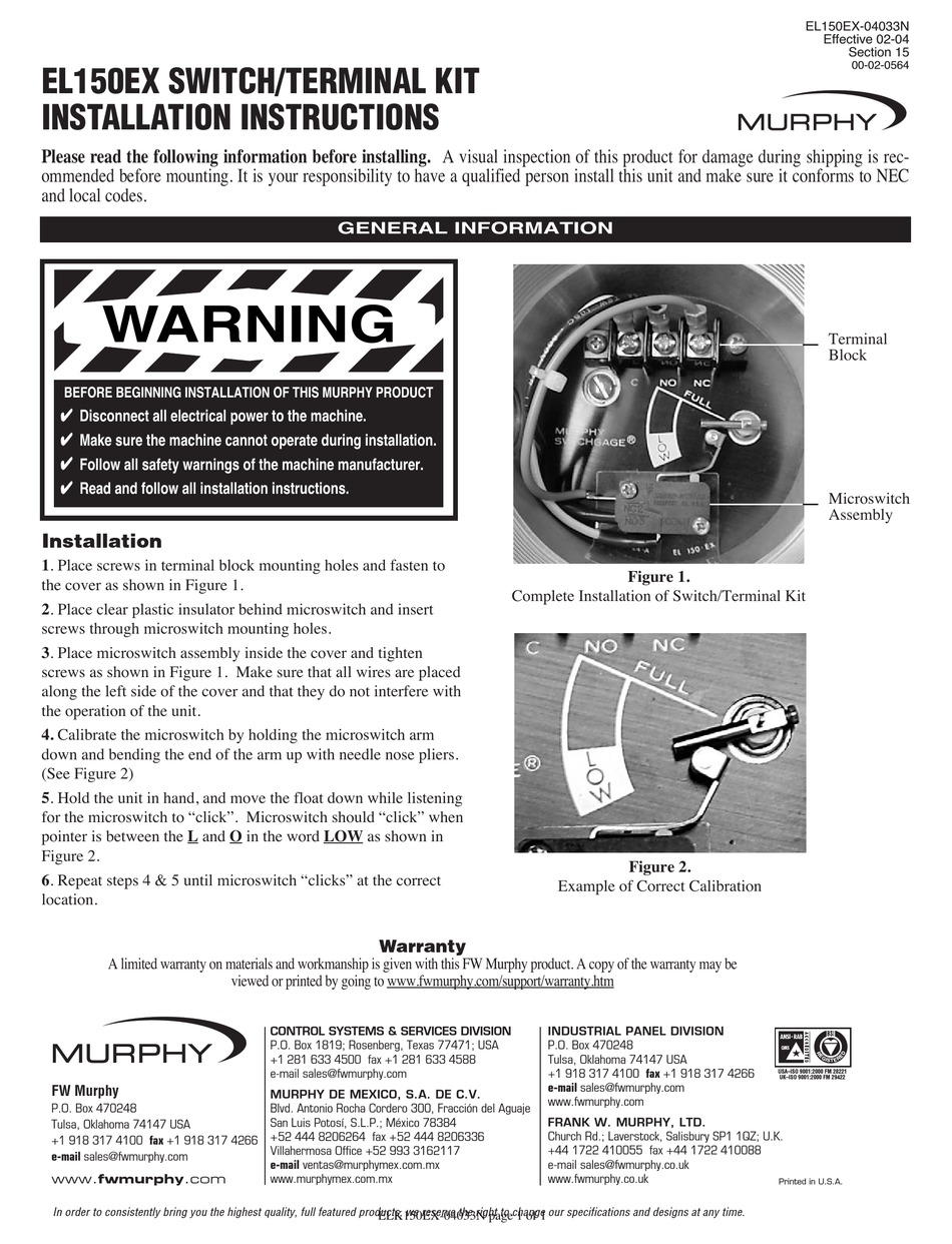 MURPHY EL150EX INSTALLATION INSTRUCTIONS Pdf Download | ManualsLib