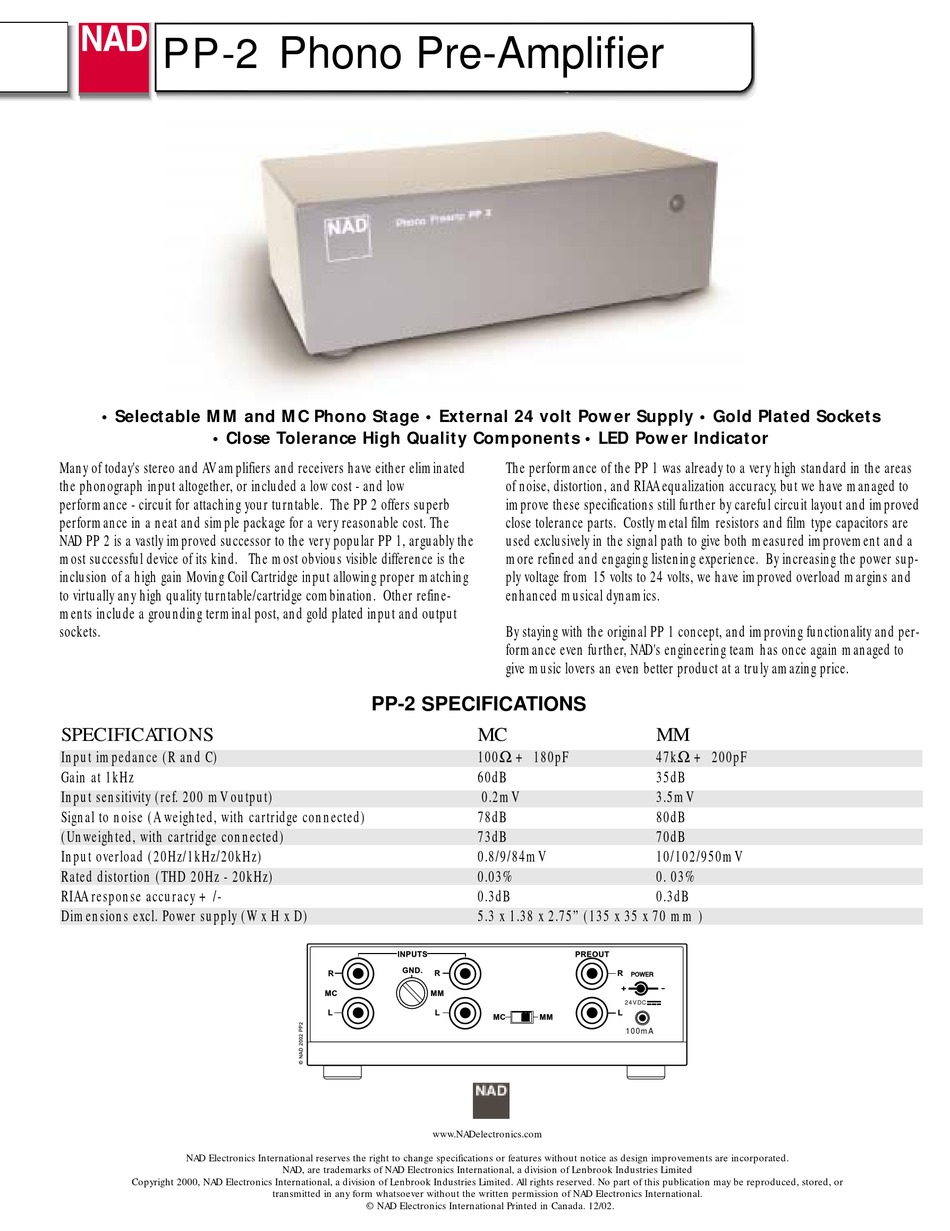 NAD PP 2 SPECIFICATION SHEET Pdf Download ManualsLib