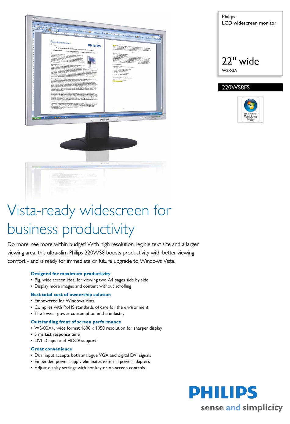 PHILIPS 220WS8FS SPECIFICATIONS Pdf Download | ManualsLib