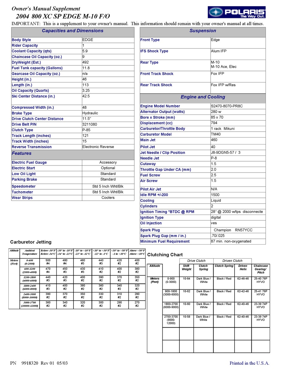 POLARIS 800 XC SP EDGE M-10 OWNER'S MANUAL SUPPLEMENT Pdf Download ...