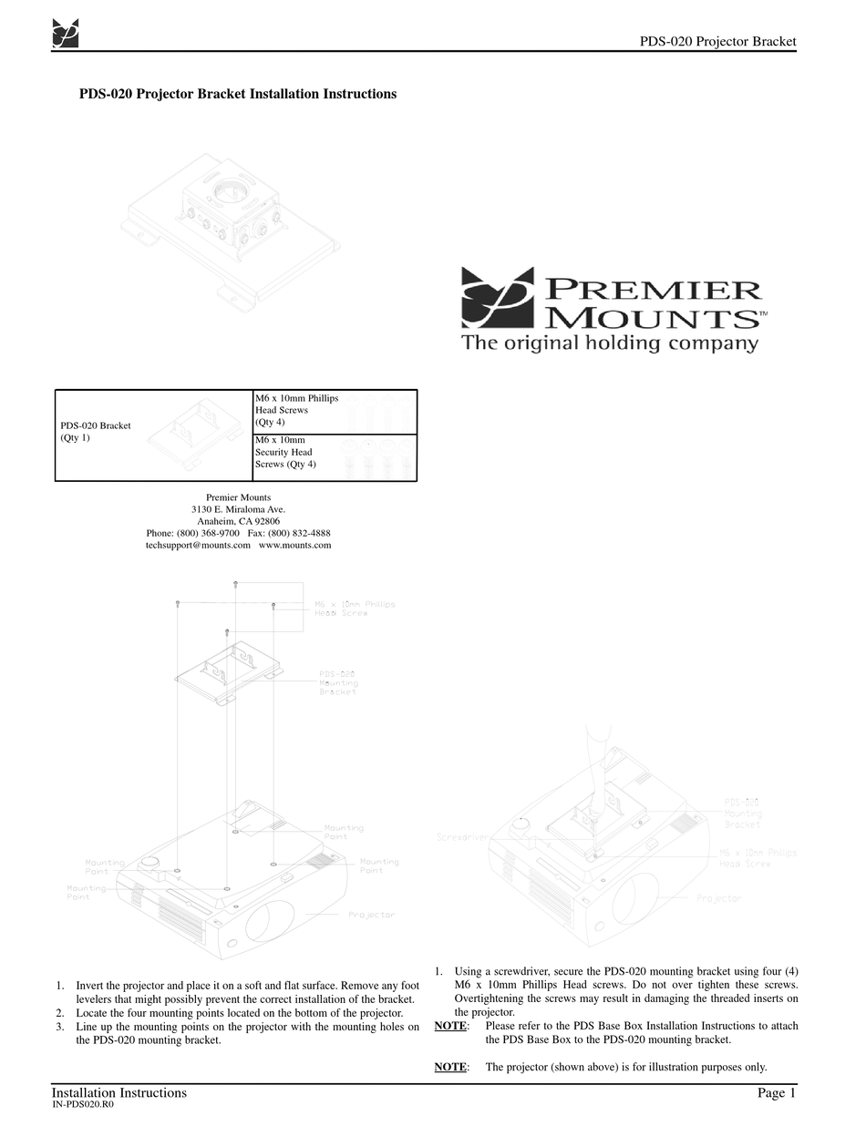 PREMIER MOUNTS LOW-PROFILE DEDICATED PROJECTOR MOUNT PDS-020 ...