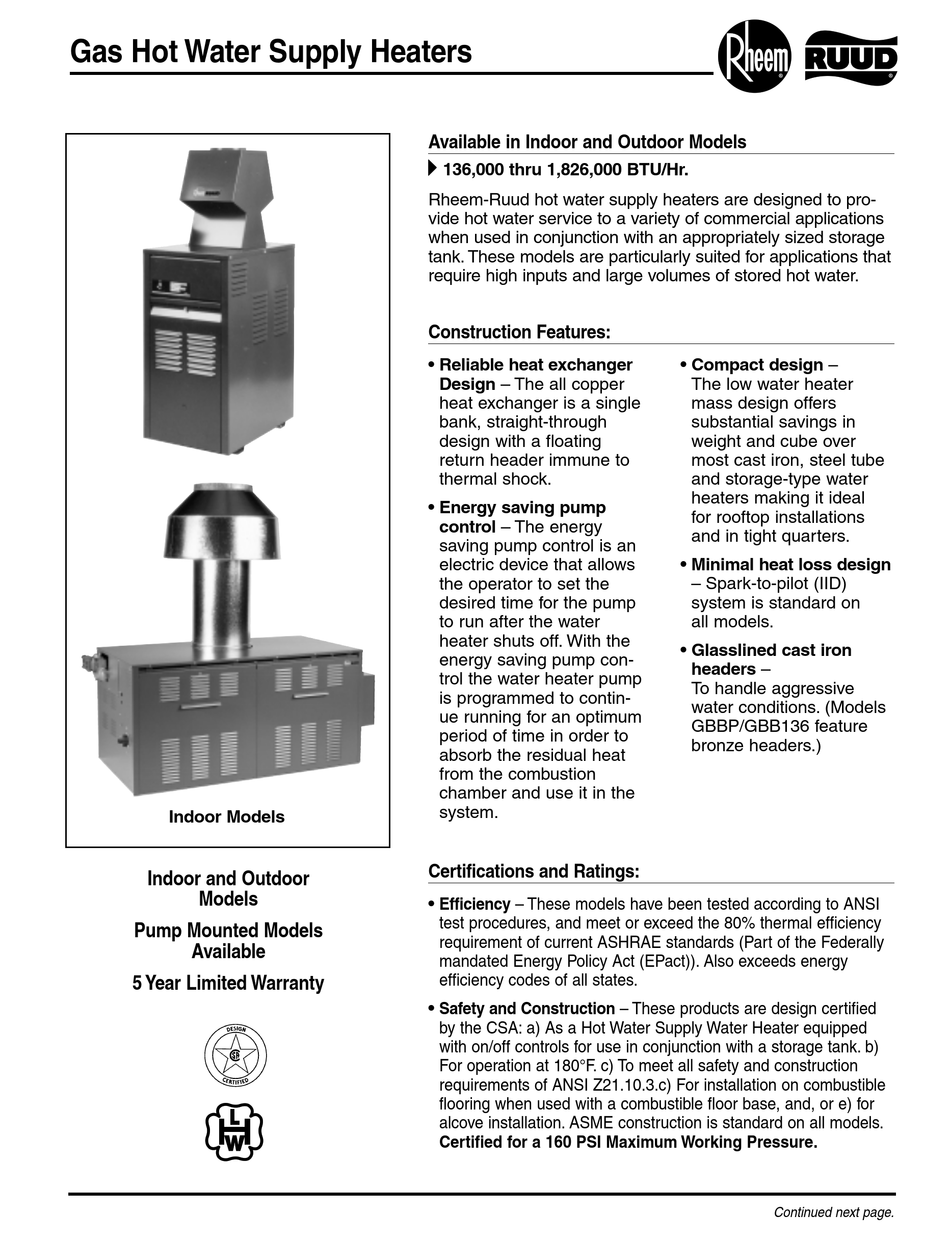 RHEEM RUUD GAS HOT WATER SUPPLY HEATERS SPECIFICATION SHEET Pdf RHEEM RUUD GAS HOT WATER SUPPLY HEATERS SPECIFICATION SHEET Pdf