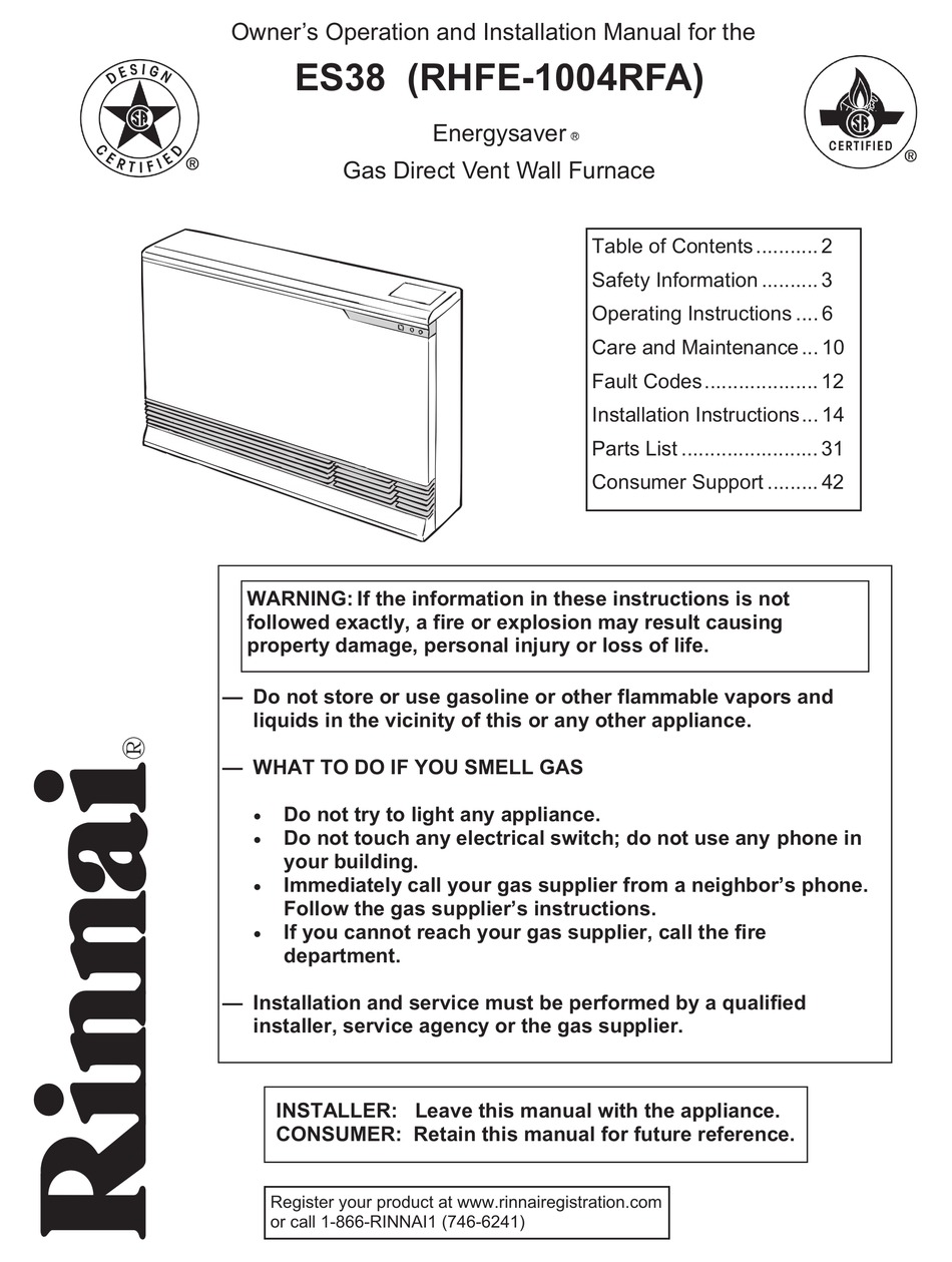 RINNAI ENERGYSAVER ES38 OPERATION AND INSTALLATION MANUAL Pdf Download RINNAI ENERGYSAVER ES38 OPERATION AND INSTALLATION MANUAL Pdf Download