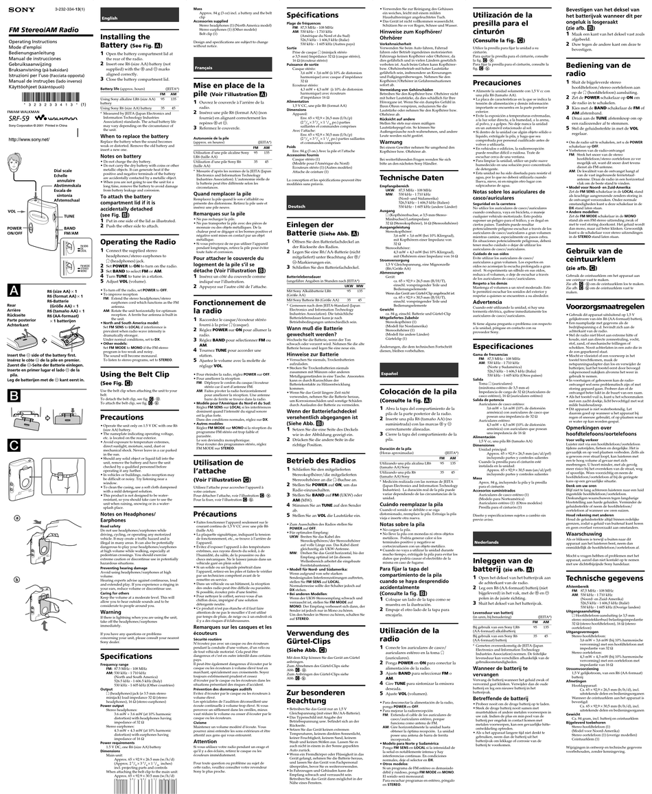 SONY WALKMAN SRF-59 OPERATING INSTRUCTIONS Pdf Download | ManualsLib