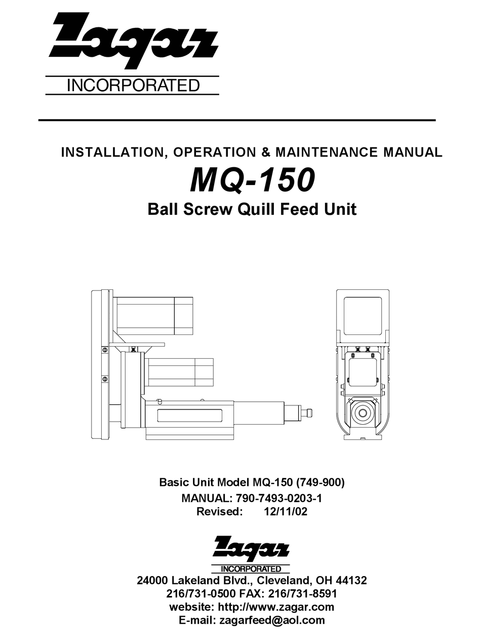 ZAGAR INCORPORATED MQ-150 INSTALLATION, OPERATION & MAINTENANCE MANUAL ...