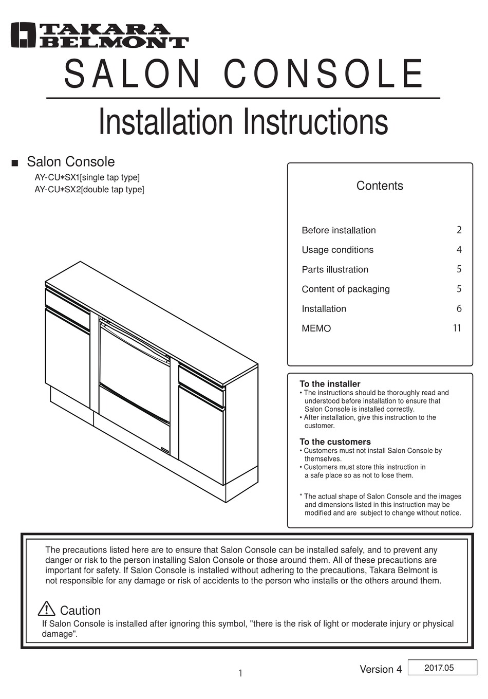 TAKARA BELMONT SALON CONSOLE INSTALLATION INSTRUCTIONS MANUAL Pdf ...