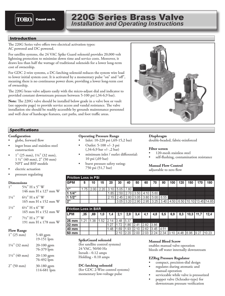 TORO 220G SERIES INSTALLATION AND OPERATING INSTRUCTIONS Pdf Download ...