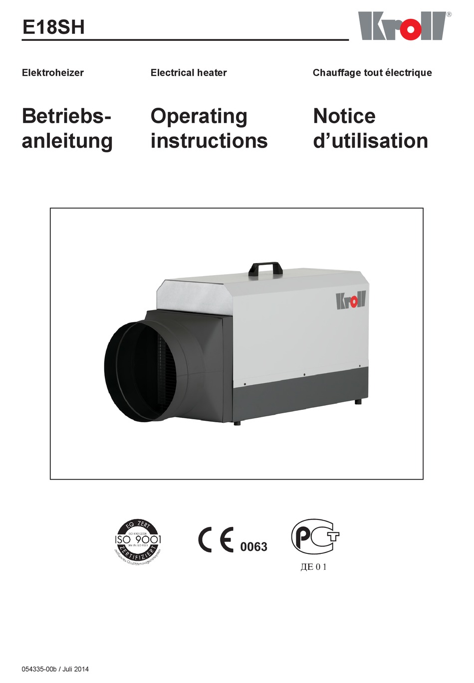 KROLL E18SH ELECTRIC HEATER OPERATING INSTRUCTIONS MANUAL | ManualsLib