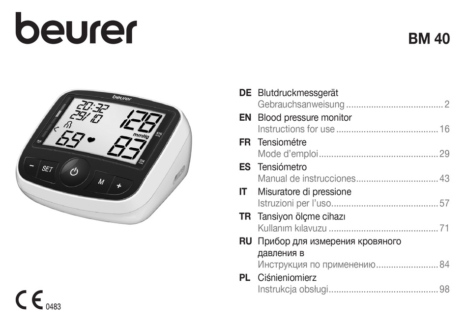 BEURER BM 40 BLOOD PRESSURE MONITOR INSTRUCTIONS FOR USE MANUAL 