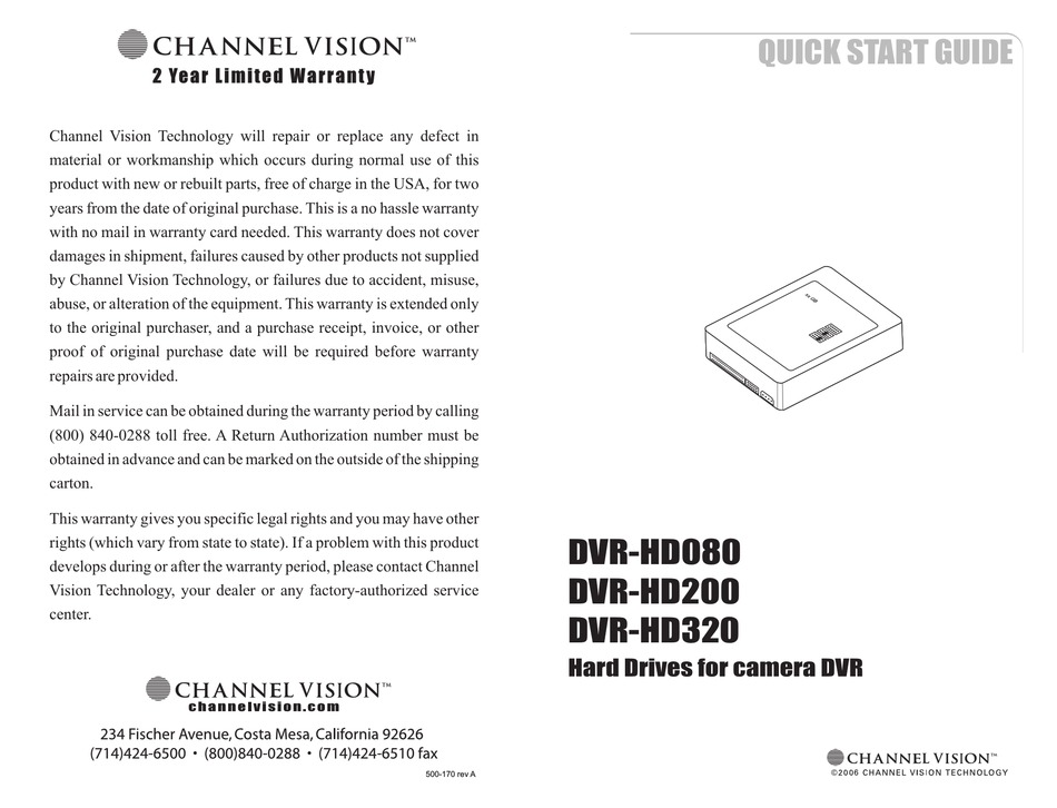 CHANNEL VISION DVR-HD080 QUICK START MANUAL Pdf Download | ManualsLib
