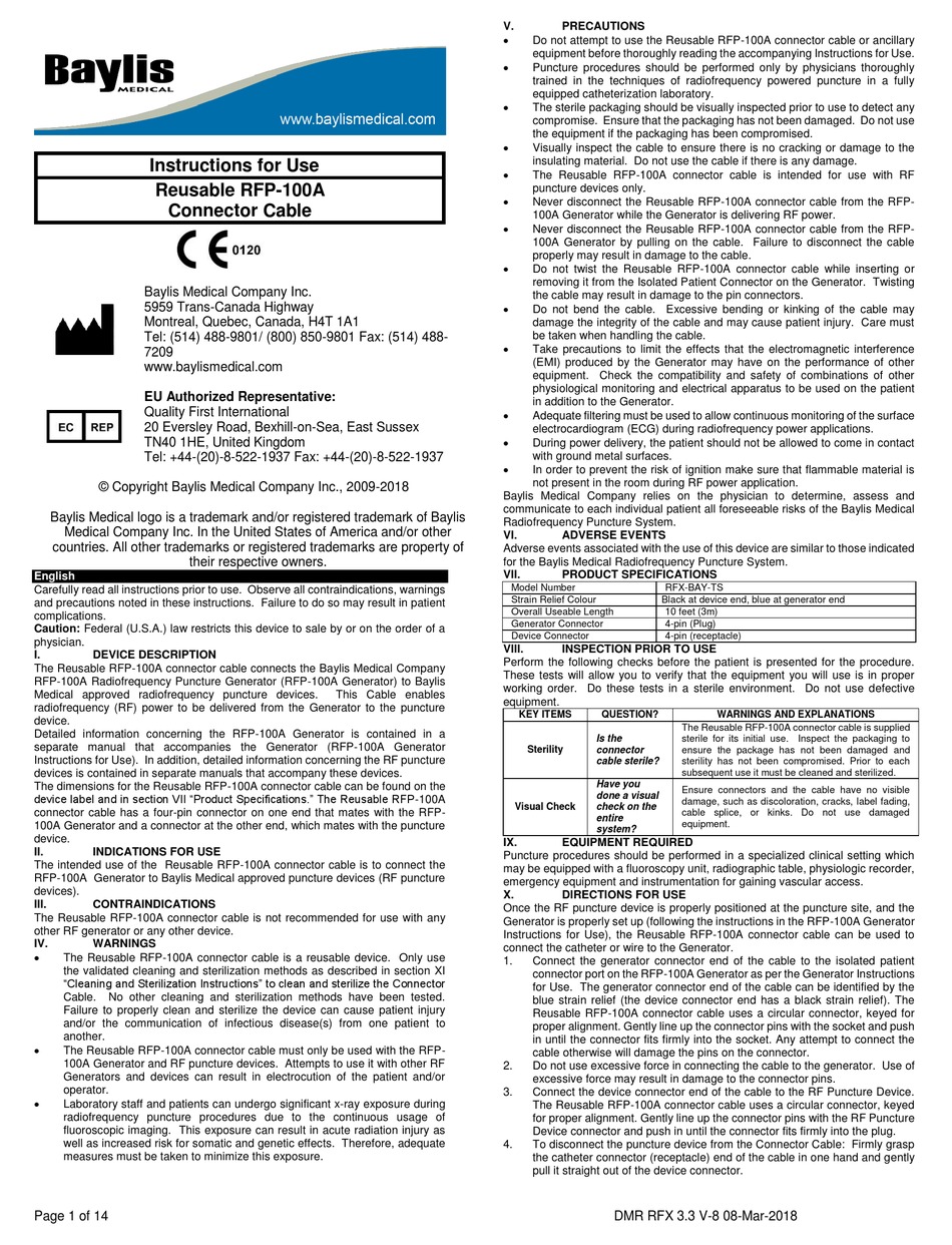 BAYLIS MEDICAL RFX-BAY-TS INSTRUCTIONS FOR USE MANUAL Pdf Download ...
