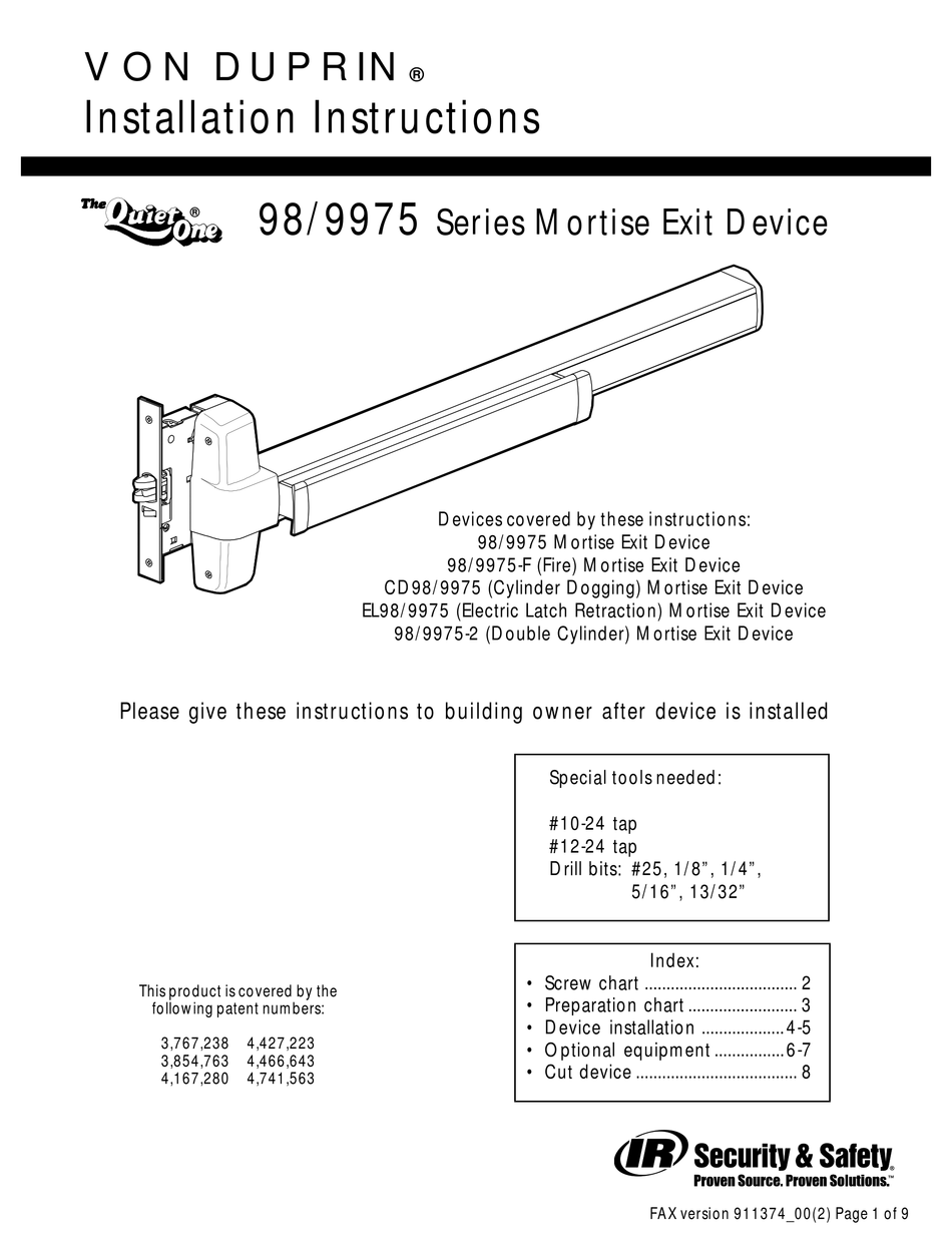 VON DUPRIN 98 9975 SERIES DOOR OPENING SYSTEM INSTALLATION INSTRUCTIONS MANUAL ManualsLib