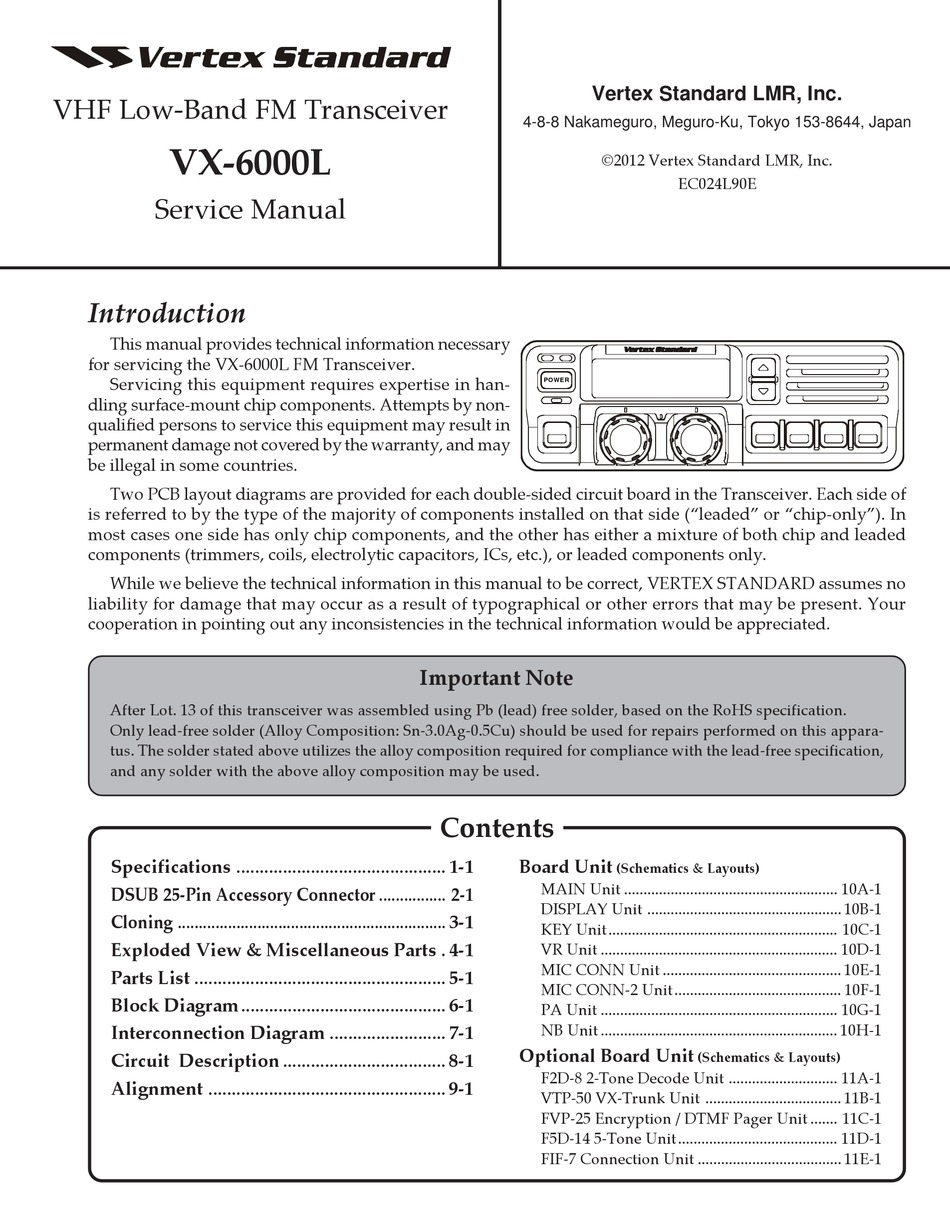 VERTEX STANDARD VX-6000L TRANSCEIVER SERVICE MANUAL | ManualsLib