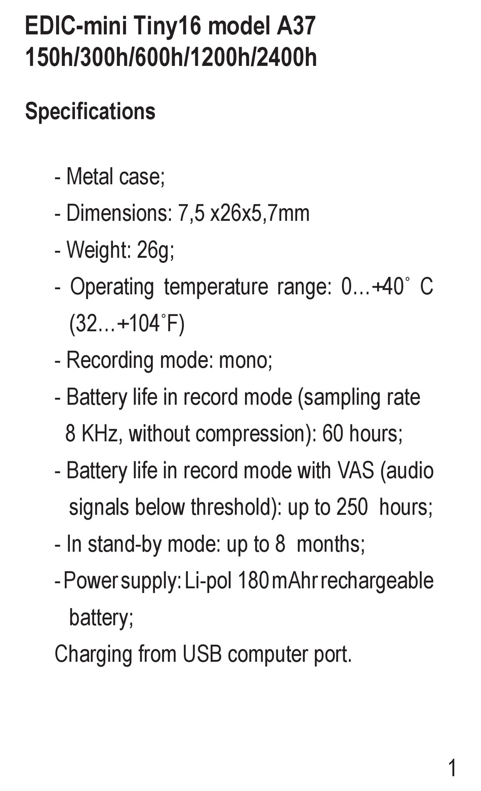 EDIC-MINI TINY16 A37 VOICE RECORDER SHORT OPERATING INSTRUCTION ...