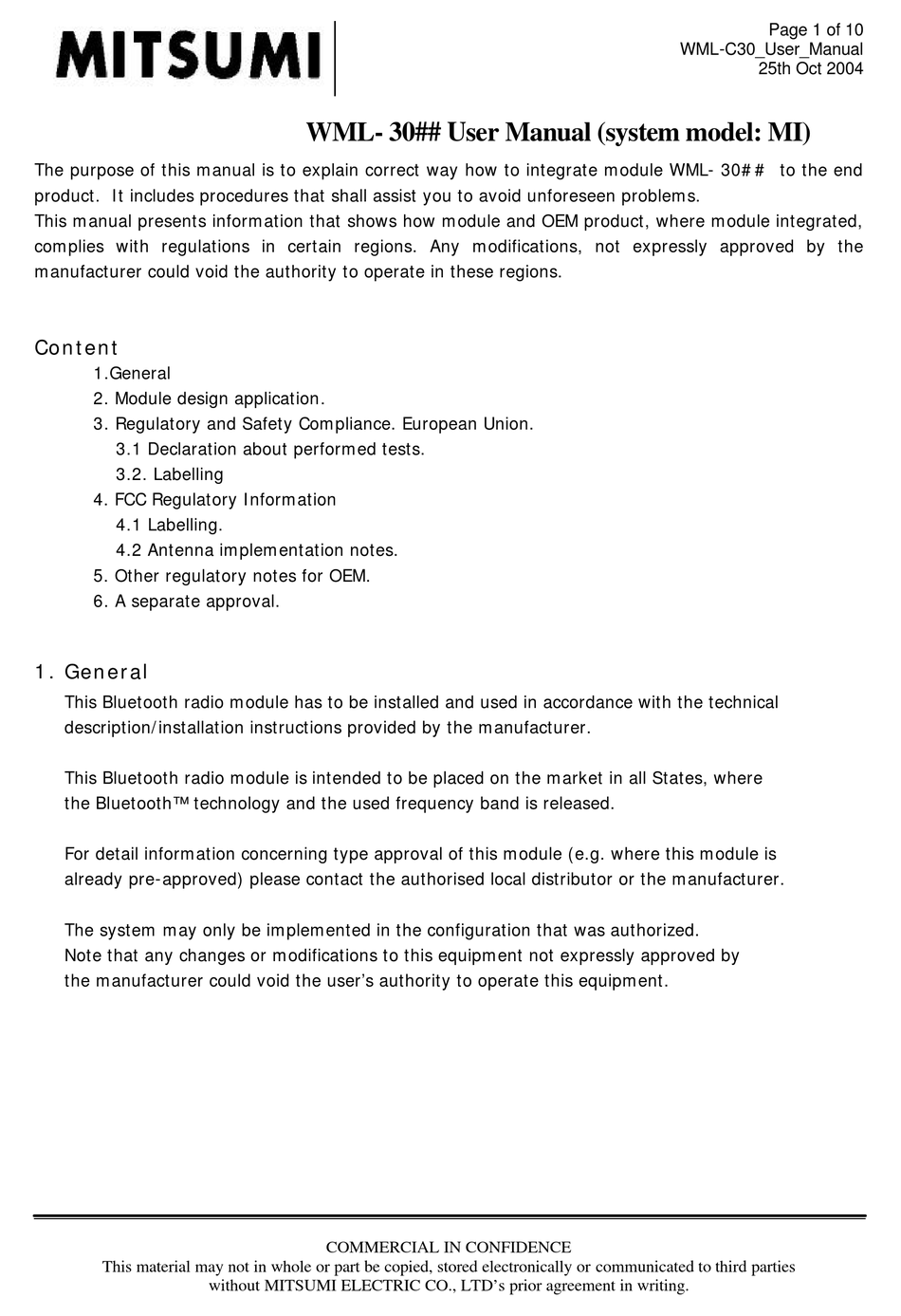 MITSUMI WML-30 SERIES USER MANUAL Pdf Download | ManualsLib