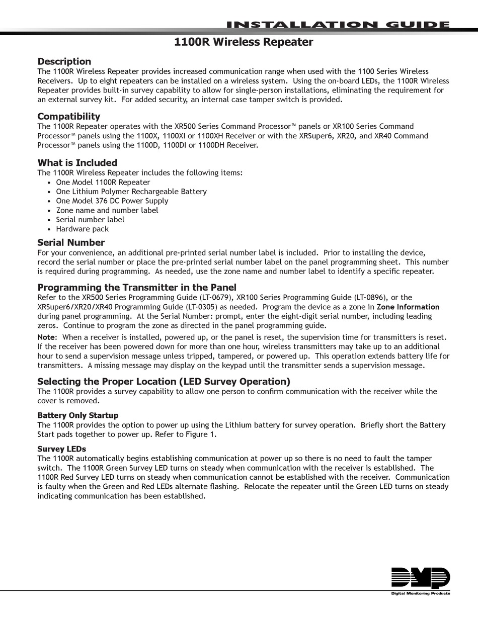 DMP ELECTRONICS 1100R REPEATER INSTALLATION MANUAL | ManualsLib