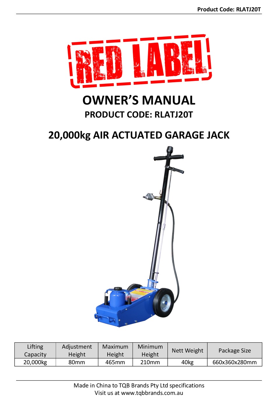 RED LABEL RLATJ20T JACK OWNER'S MANUAL | ManualsLib