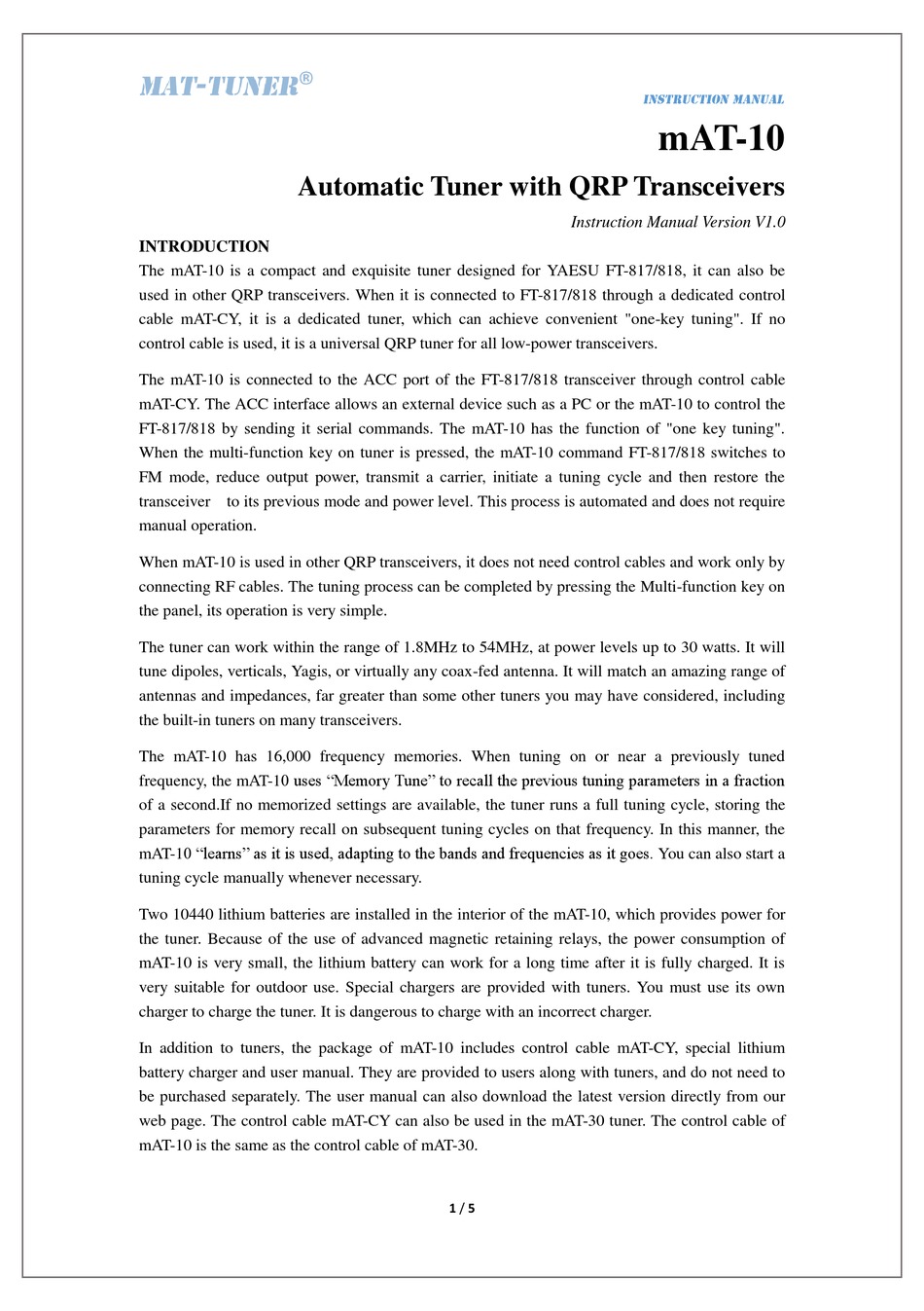 MAT-TUNER MAT-10 TUNER INSTRUCTION MANUAL | ManualsLib