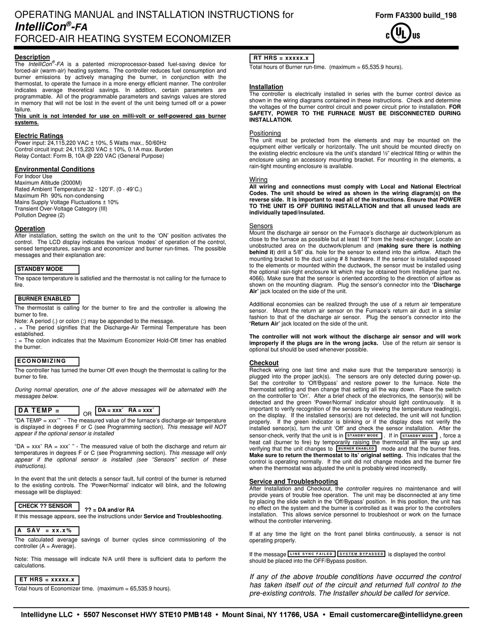 INTELLIDYNE INTELLICON-FA OPERATING MANUAL AND INSTALLATION ...