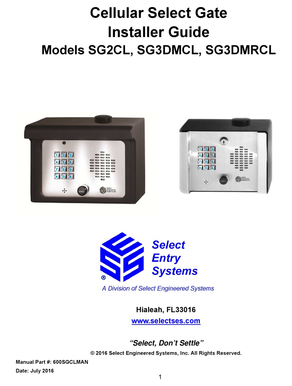 SELECT ENGINEERED SYSTEMS SG2CL INSTALLER'S MANUAL Pdf Download ...