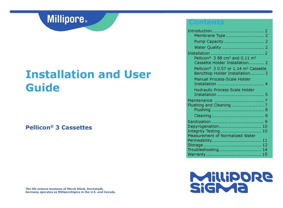 MILLIPORE SIGMA PELLICON 3 CASSETTES INSTALLATION AND USER MANUAL Pdf ...