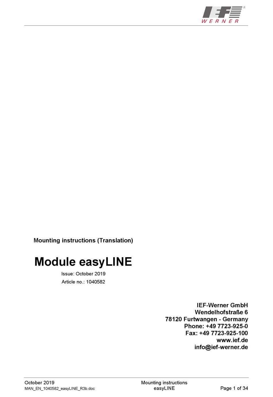 IEF WERNER EASYLINE MOUNTING INSTRUCTIONS Pdf Download | ManualsLib