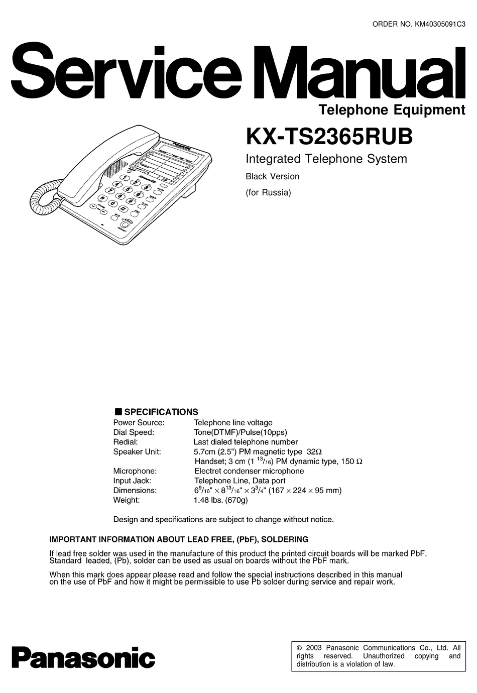 PANASONIC KX-TS2365RUB SERVICE MANUAL Pdf Download | ManualsLib