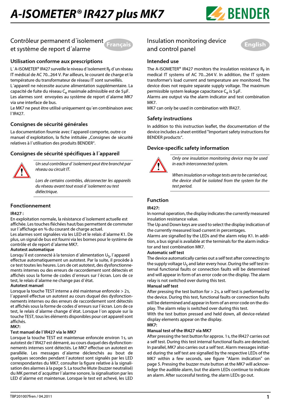 BENDER A-ISOMETER IR427 PLUS MK7 MANUAL Pdf Download | ManualsLib
