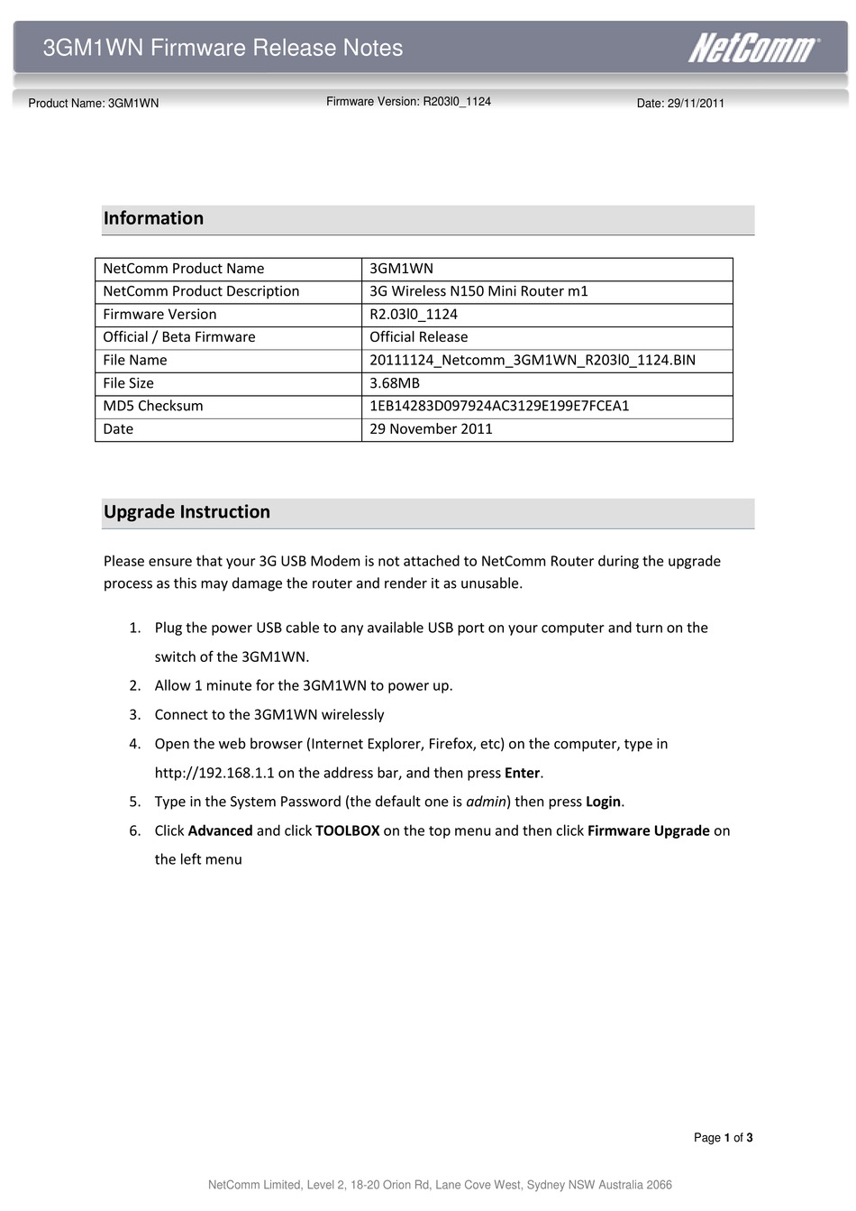 NETCOMM 3GM1WN QUICK START MANUAL Pdf Download | ManualsLib