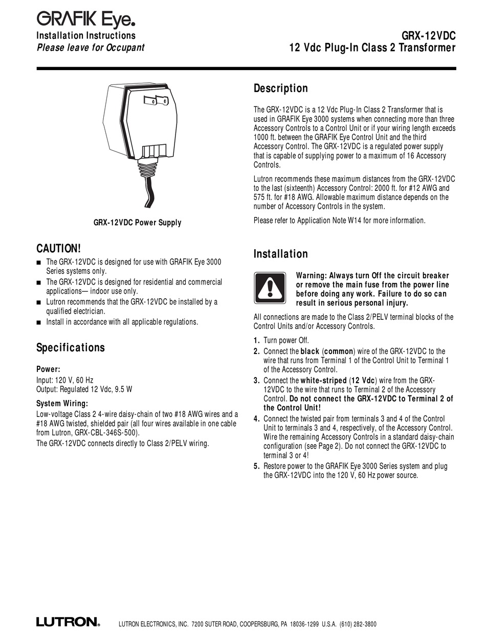LUTRON ELECTRONICS GRAFIK EYE GRX-12VDC INSTALLATION INSTRUCTIONS Pdf ...