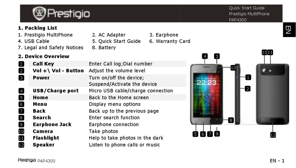 PRESTIGIO MULTIPHONE PAP4300 QUICK START MANUAL Pdf Download | ManualsLib