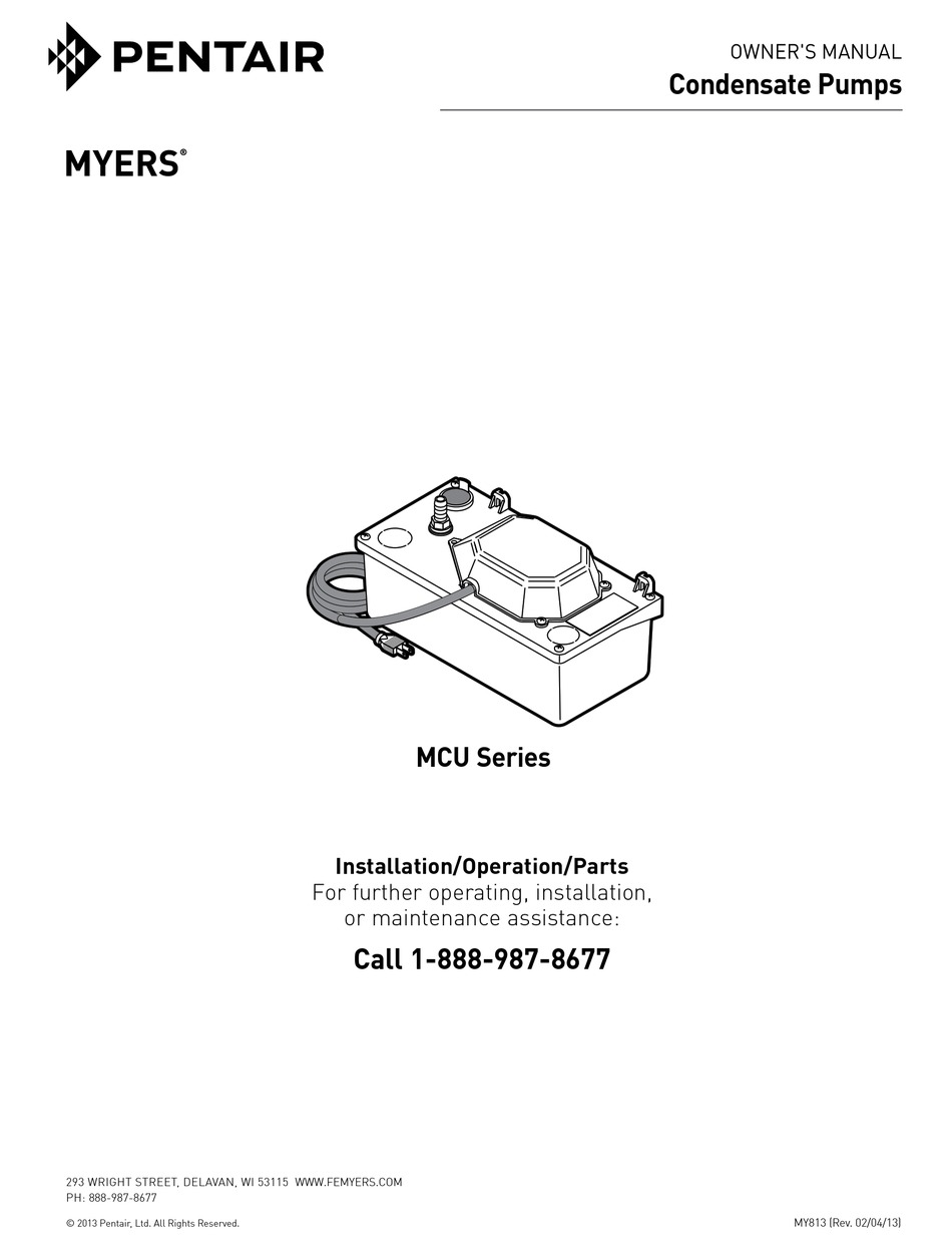 Pentair Myers Mcu Series Owners Manual Pdf Download Manualslib
