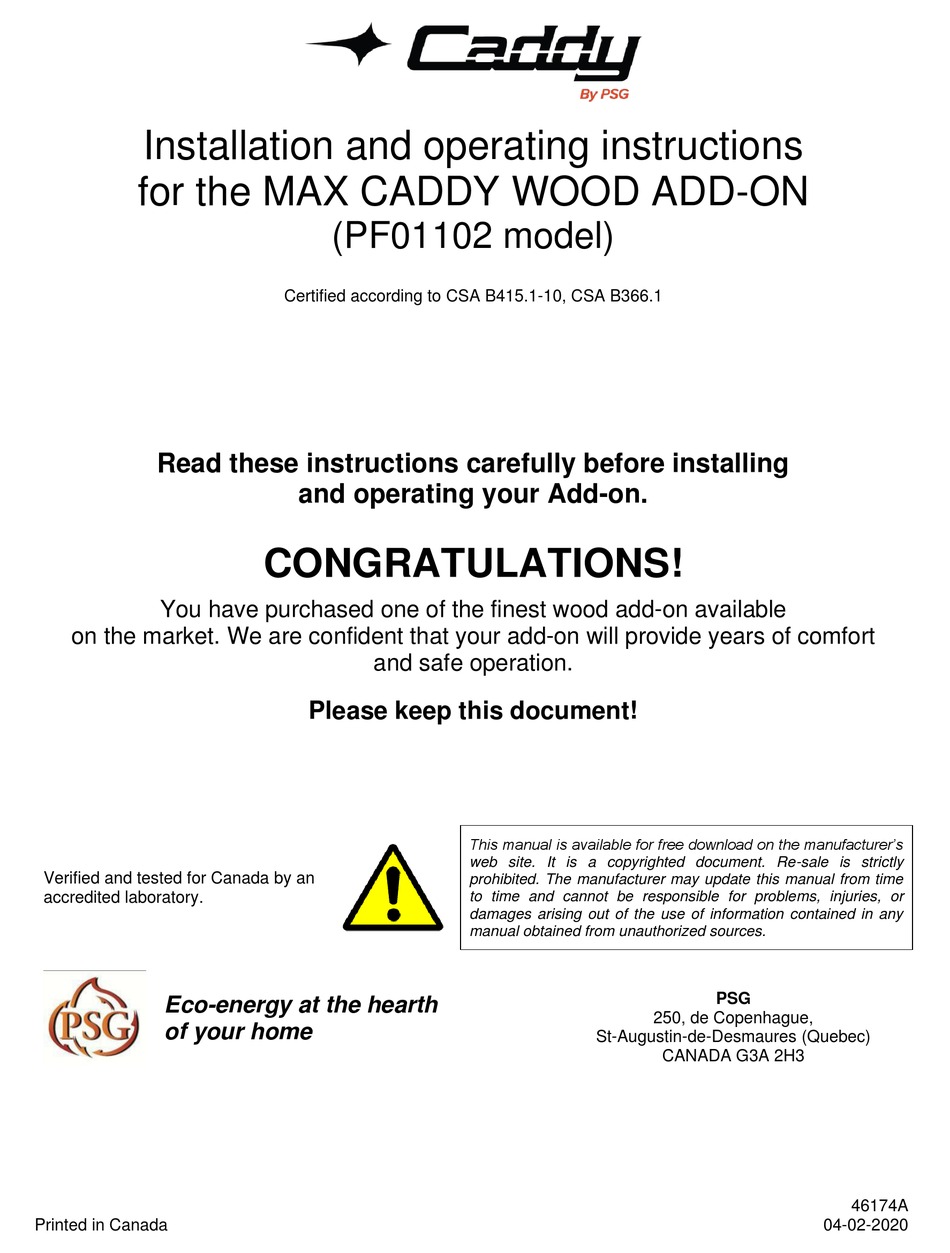 PSG CADDY MAX CADDY WOOD ADD-ON PF01102 INSTALLATION AND OPERATING ...
