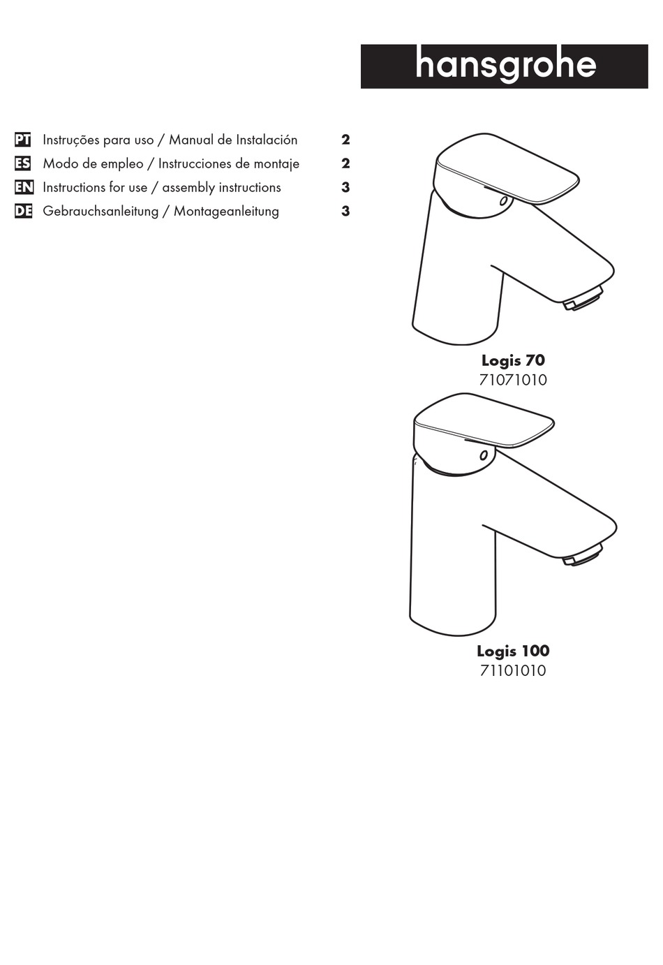 HANS GROHE LOGIS 70 71071010 INSTRUCTIONS FOR USE/ASSEMBLY INSTRUCTIONS ...